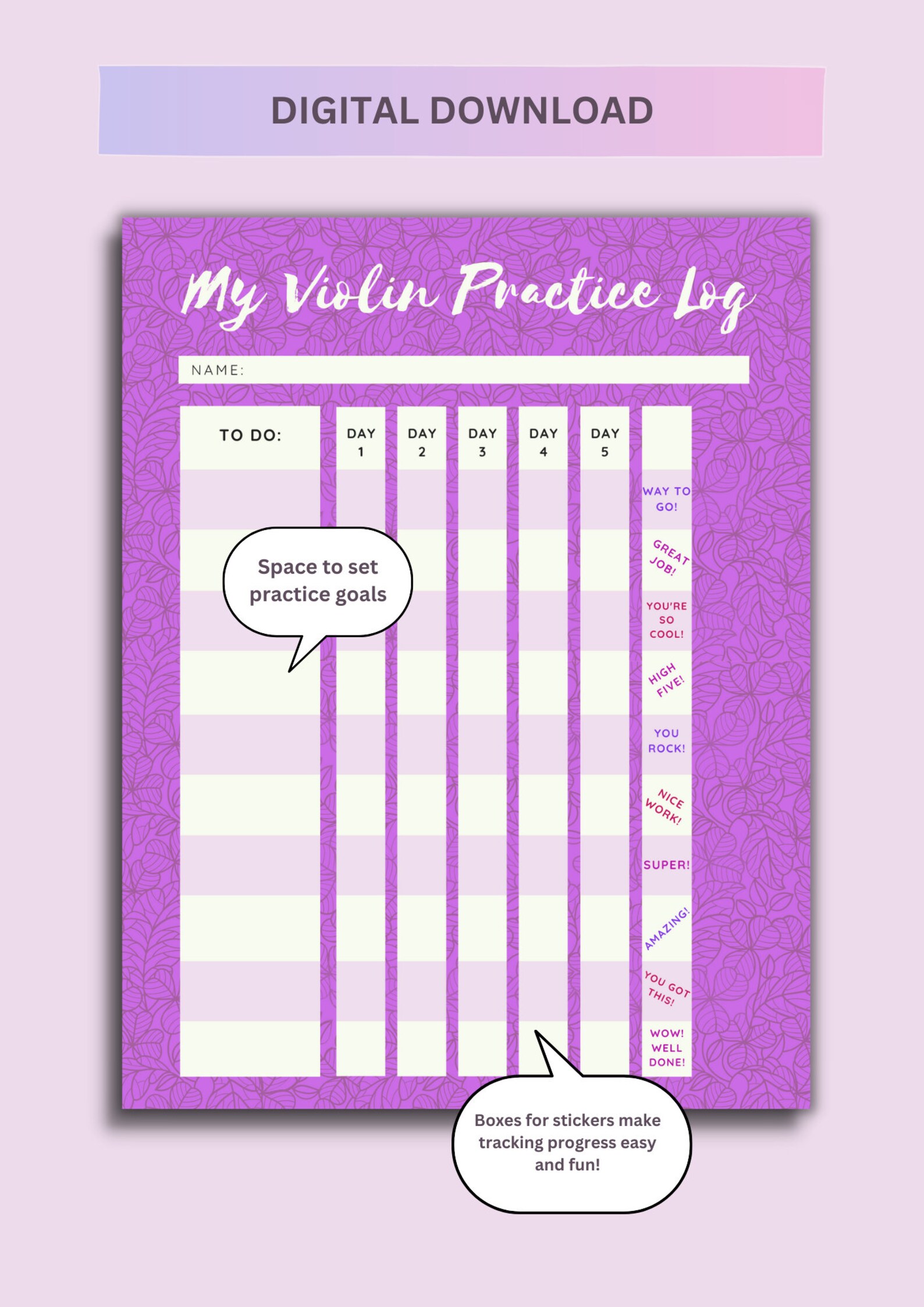 My Violin Practice Log Printable Sticker Chart for Music Students ...