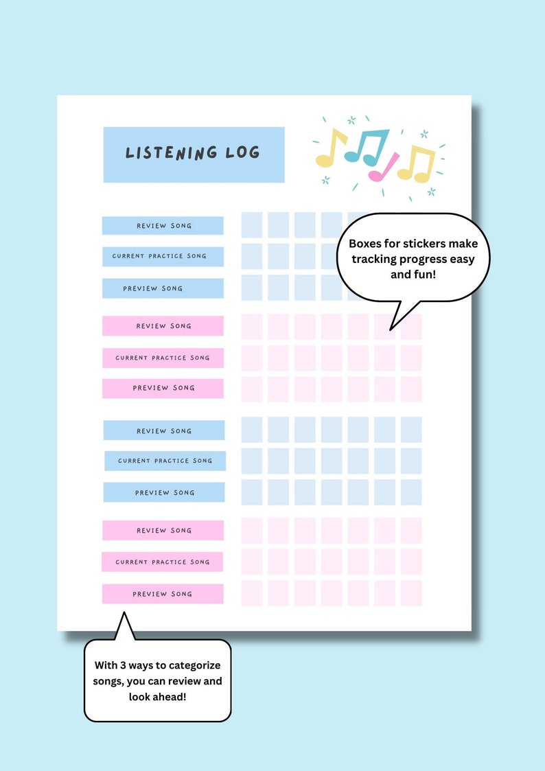 Suzuki Listening Log Printable Sticker Chart for Music Students ...