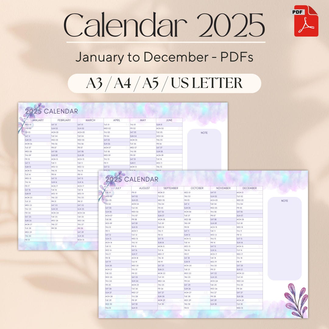 2025 Calendar - Printable PDF - A3/ A4/ A5/ US LETTER Sizes - Etsy