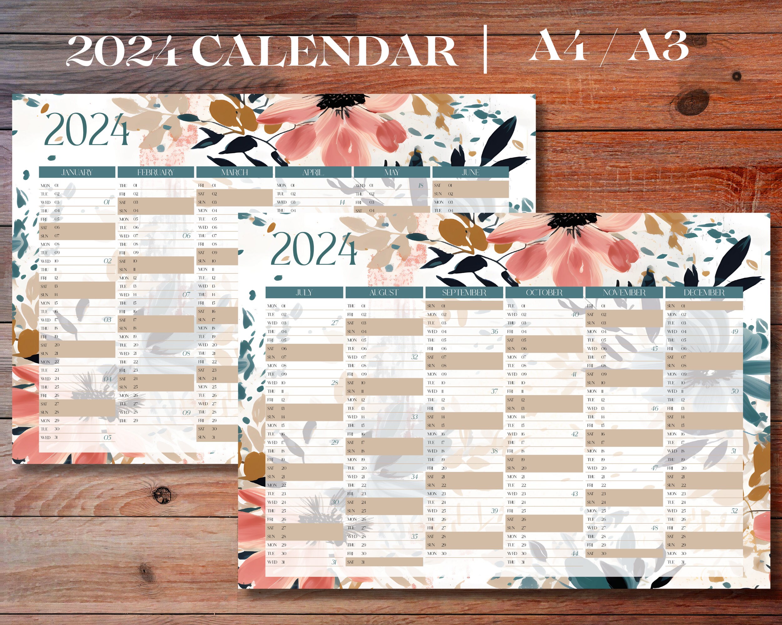 Printable 2024 Calendar, Downloadable PDF, Double-sided 12-month ...