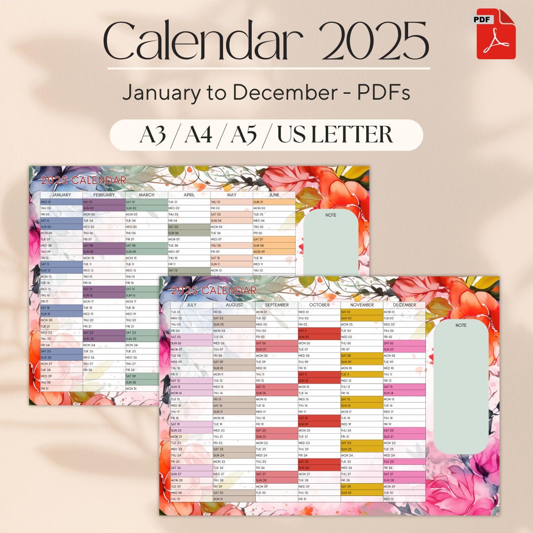 2025 Floral Calendar by Semesters - Printable PDF With Notes Section ...