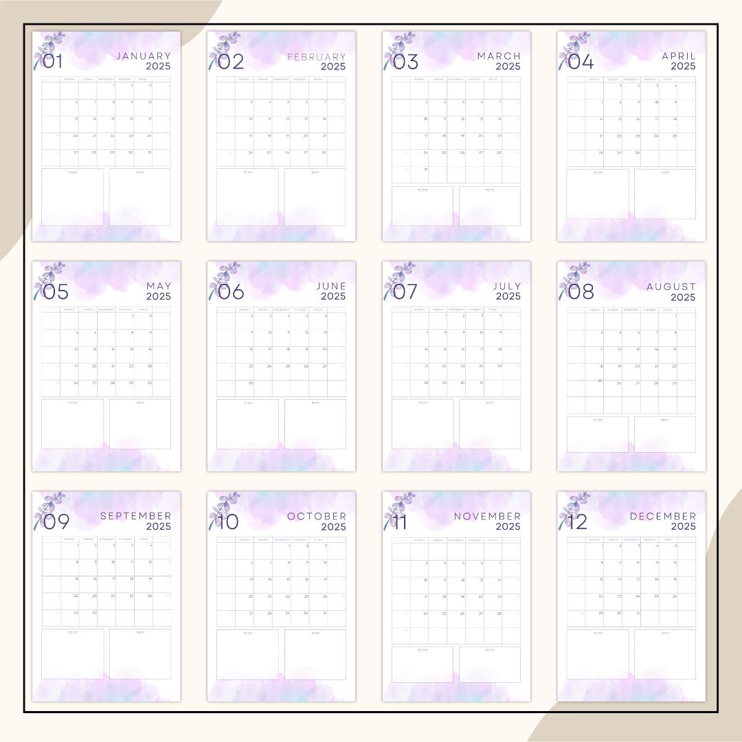 2025 Printable Calendar Pastel Watercolor Design A4, A3, A5, US LETTER ...