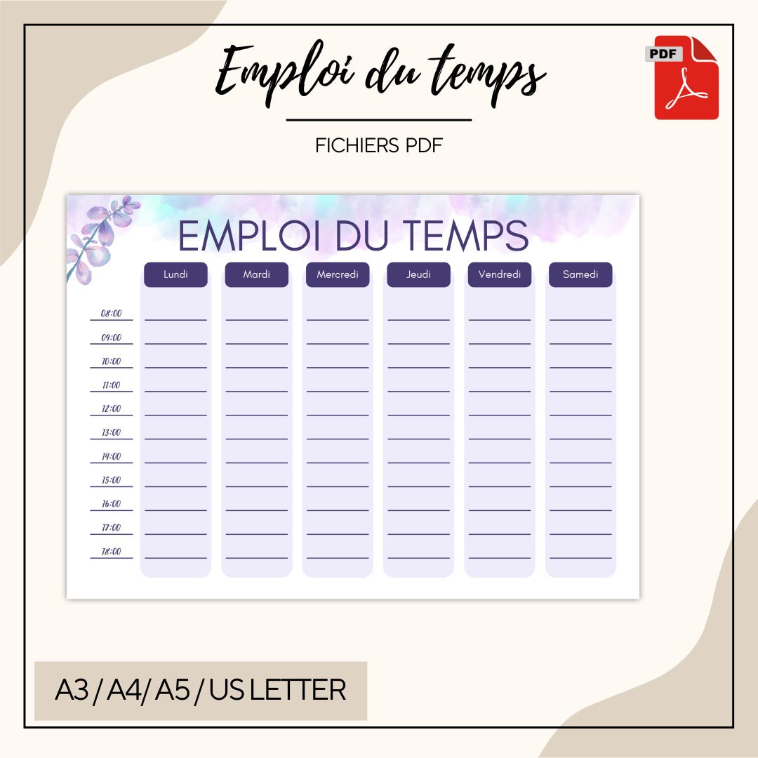 Emploi du Temps à Imprimer - Planning Hebdomadaire en Aquarelle Pastel ...