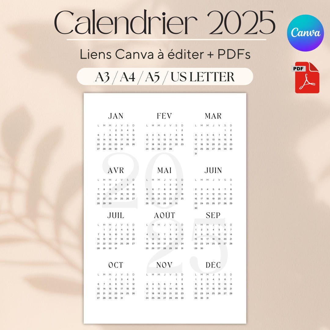 2025 Simple Numbers Calendar - Printable PDF and Editable CANVA Link ...