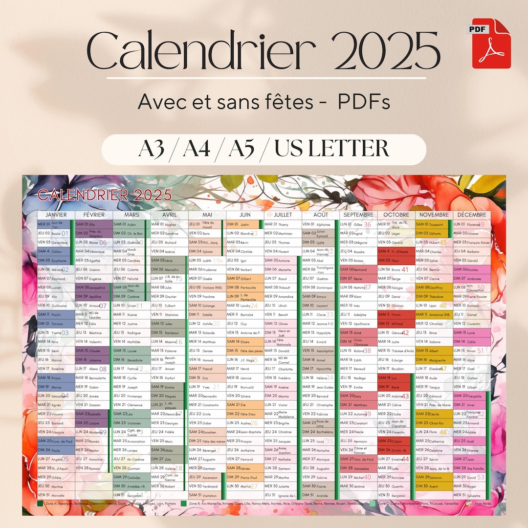 Calendrier Annuel 2025 avec ou sans Fêtes et Vacances | Fichiers PDF ...