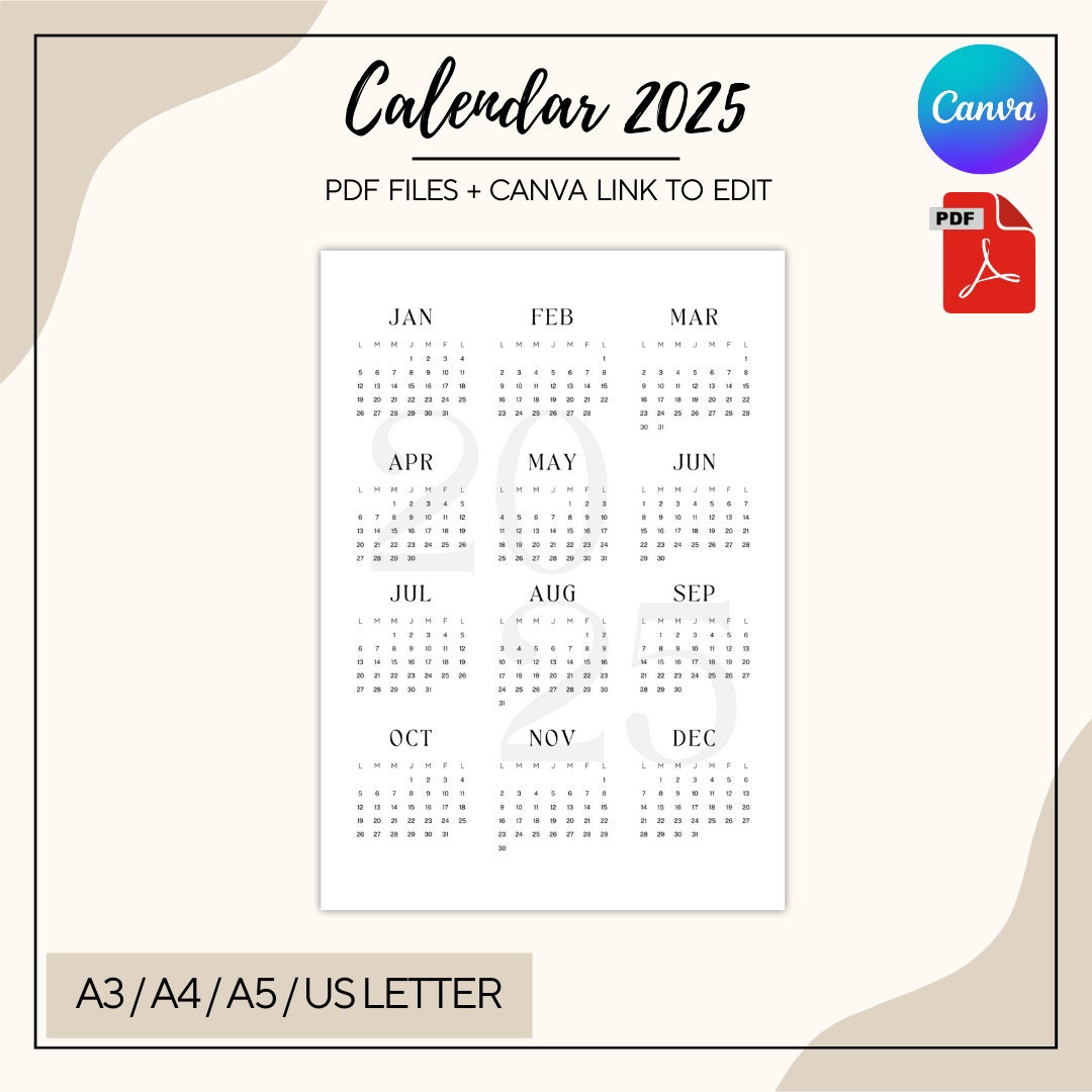 2025 Calendar Numbers Minimalist Design PDF Printable and Link Canva ...