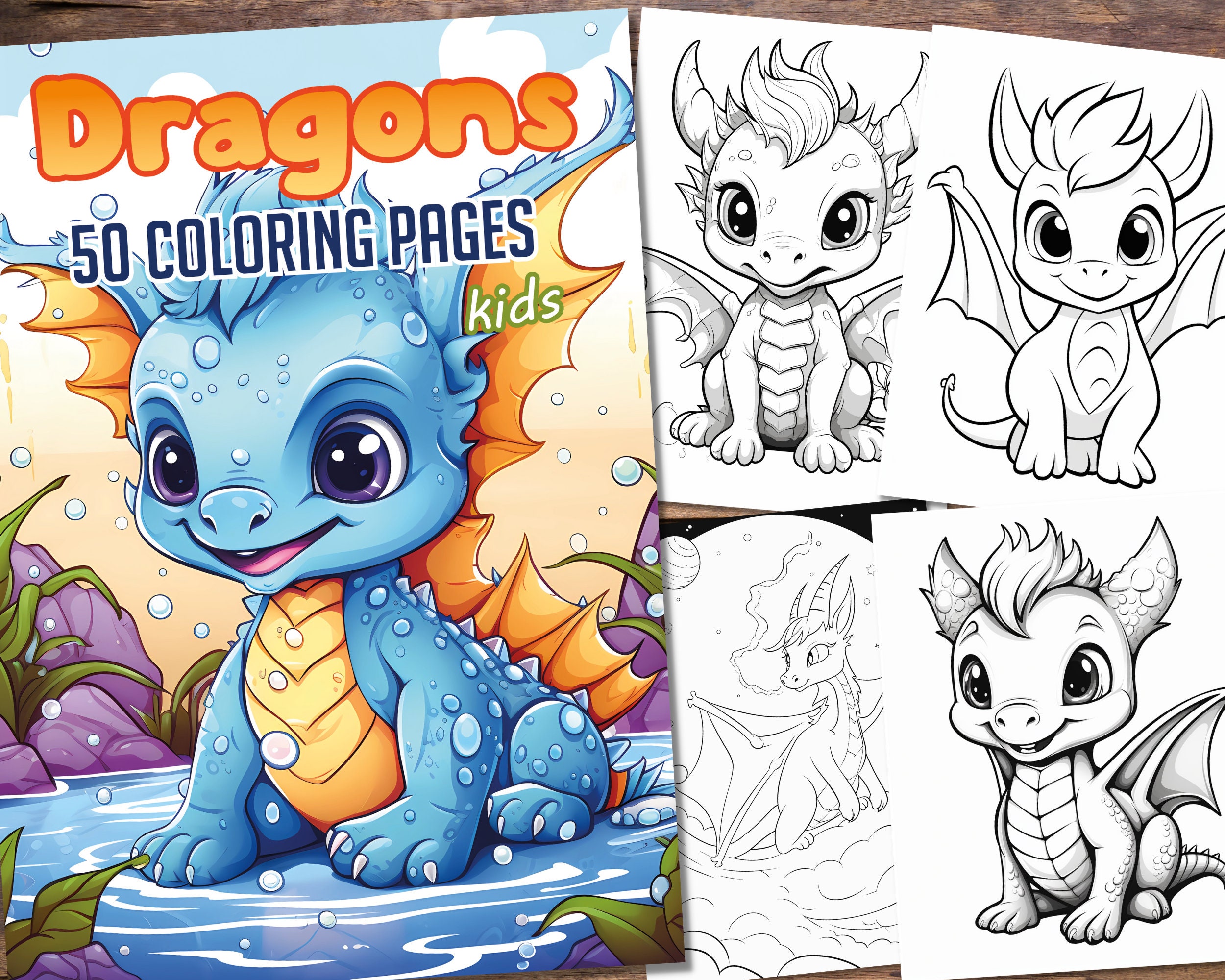 50 Digital Coloring Pages: Chibi Dragons for Kids - Etsy