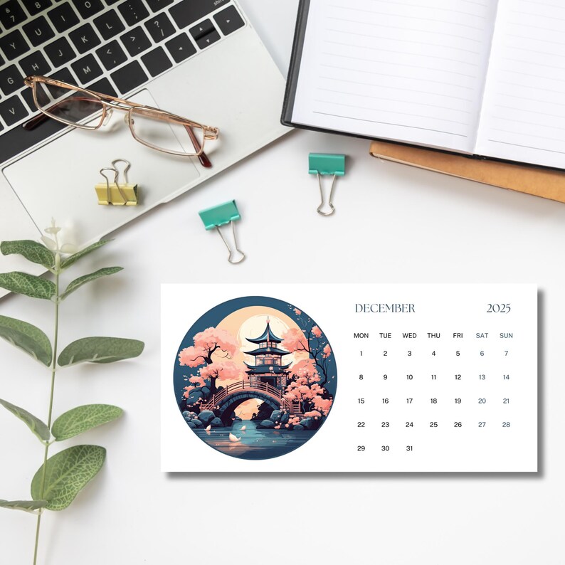2025 Desk Calendar - Japanese Landscape - 12 Pages + Covers - 21 X 10.5 ...