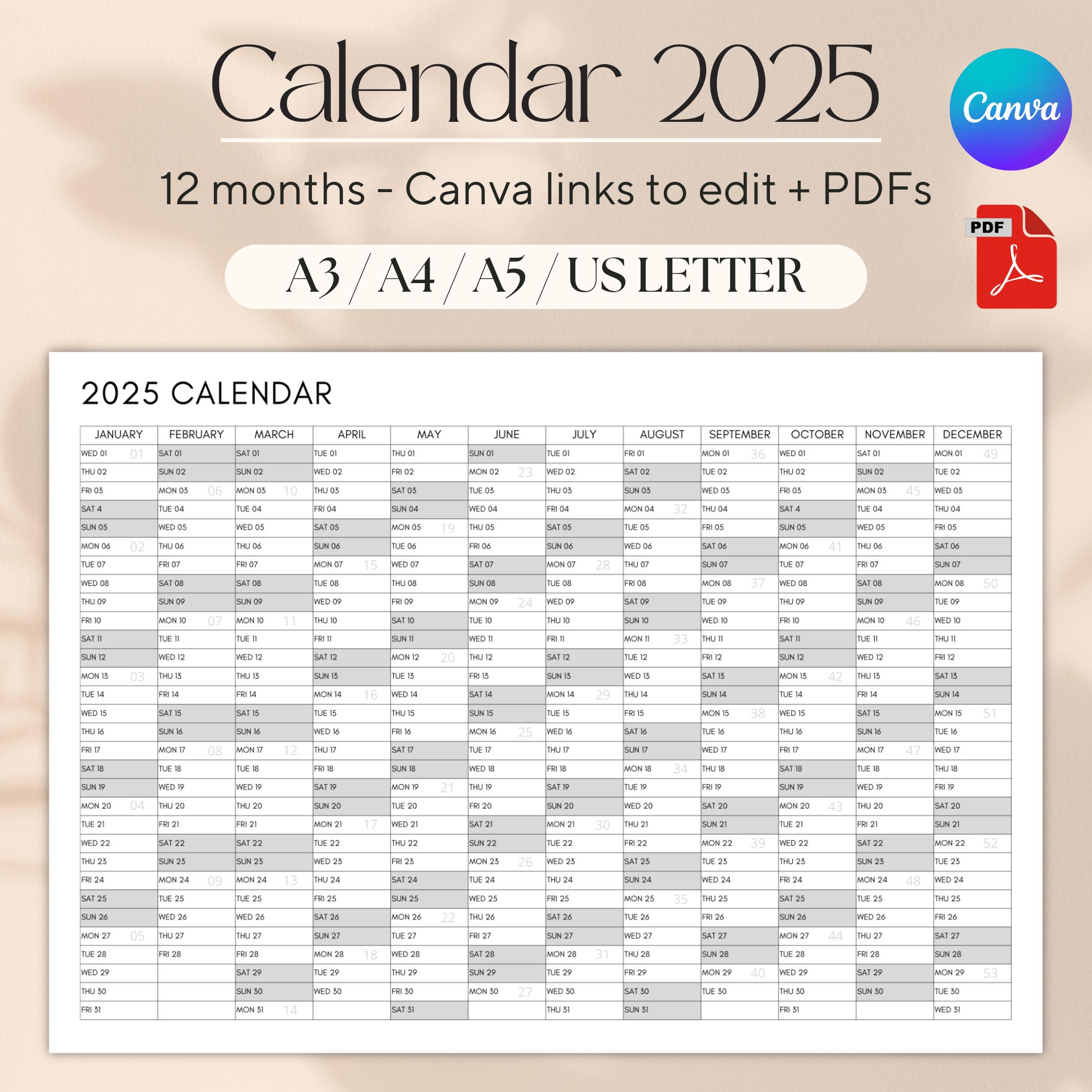 2025 Calendar - Minimalist Design - PDF Printable and Link Canva ...
