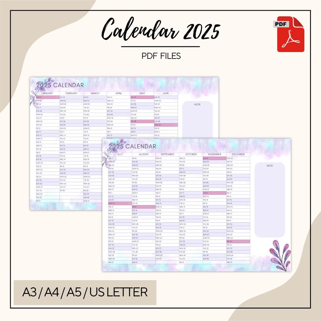 2025 Calendar Printable PDF A3/ A4/ A5/ US LETTER Sizes - Etsy