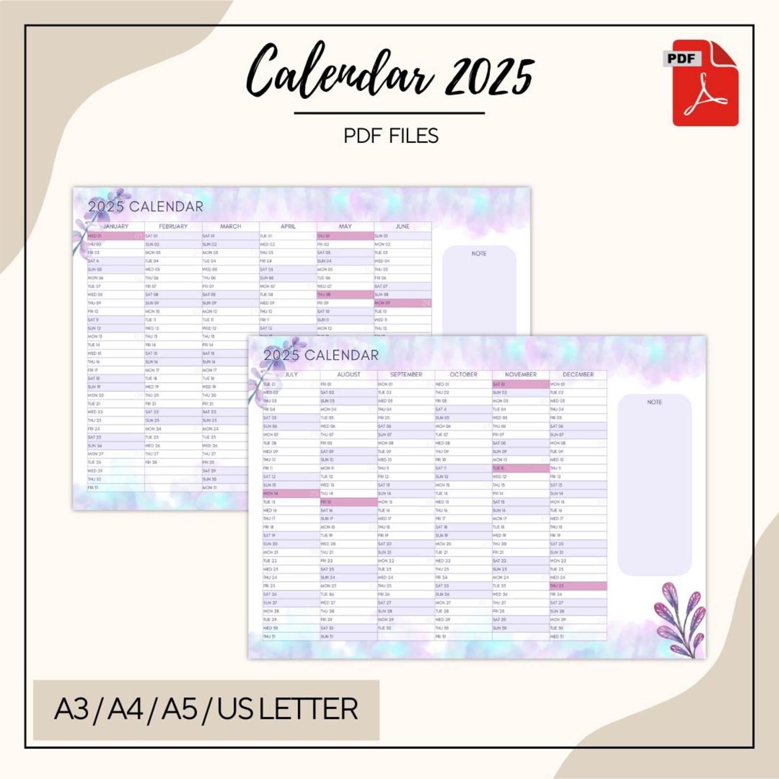 2025 Calendar Printable PDF A3/ A4/ A5/ US LETTER Sizes - Etsy