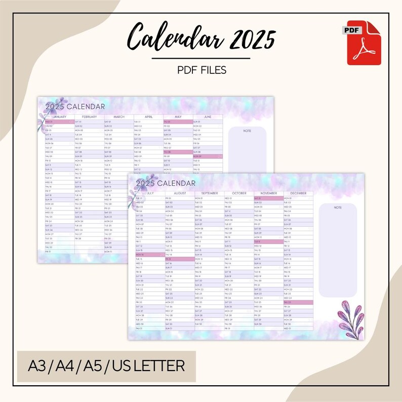 2025 Calendar Printable PDF A3/ A4/ A5/ US LETTER Sizes - Etsy