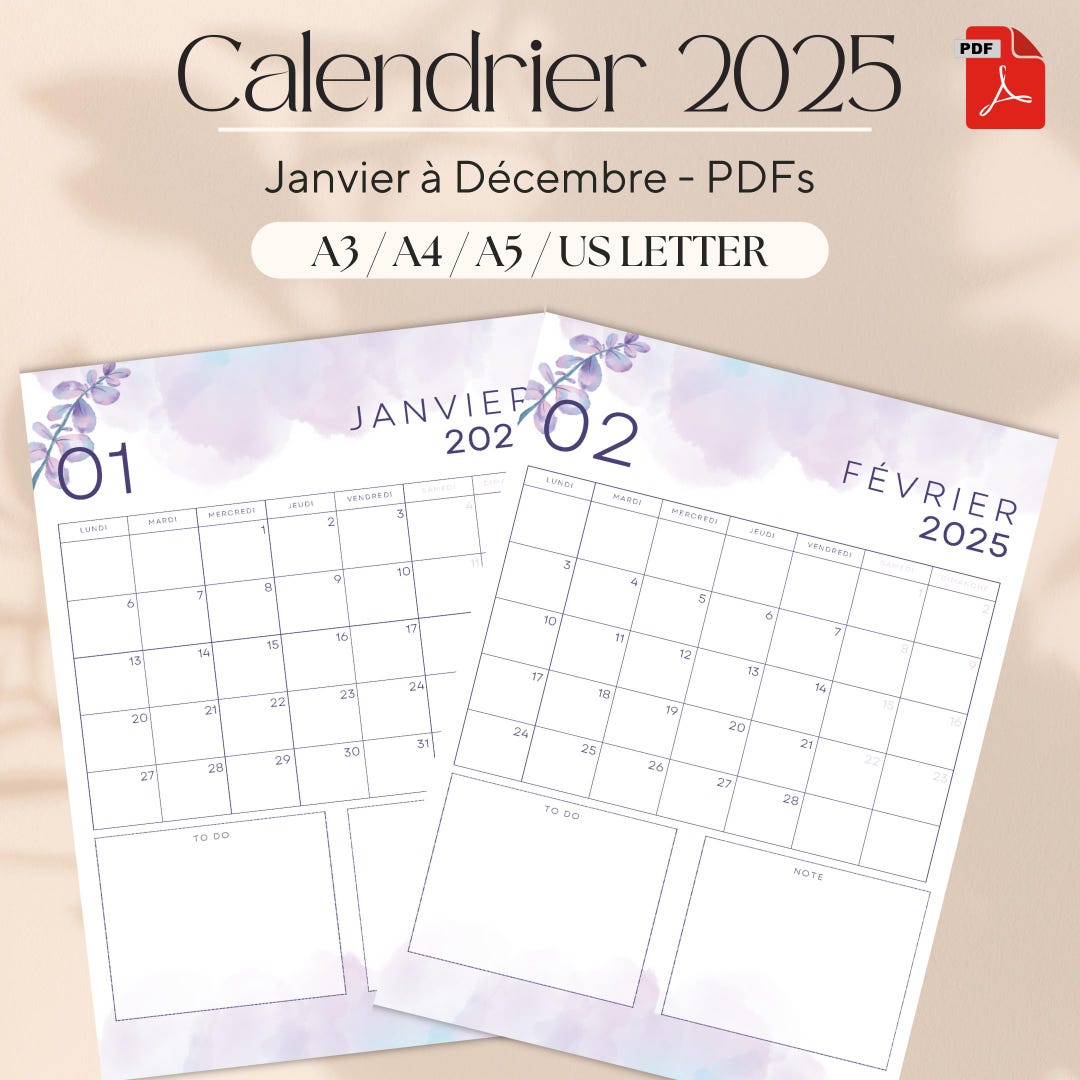 2025 Printable Calendar - Pastel Watercolor - A4, A3, A5, US LETTER ...