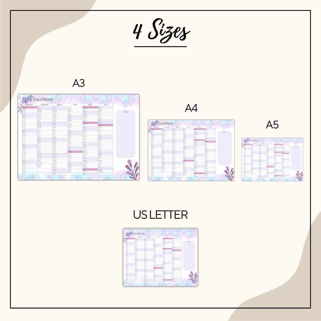 2025 Calendar Printable PDF A3/ A4/ A5/ US LETTER Sizes - Etsy