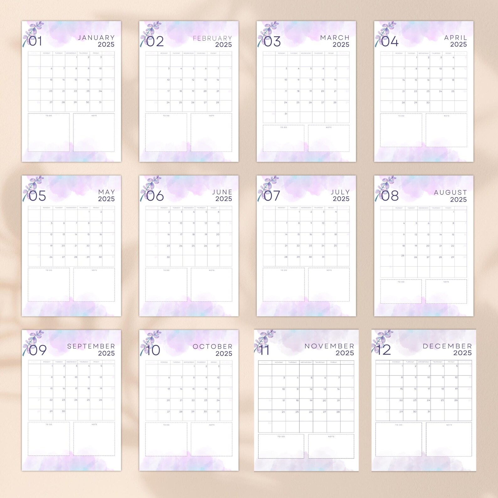 2025 Printable Calendar - Pastel Watercolor Design - A4, A3, A5, US ...