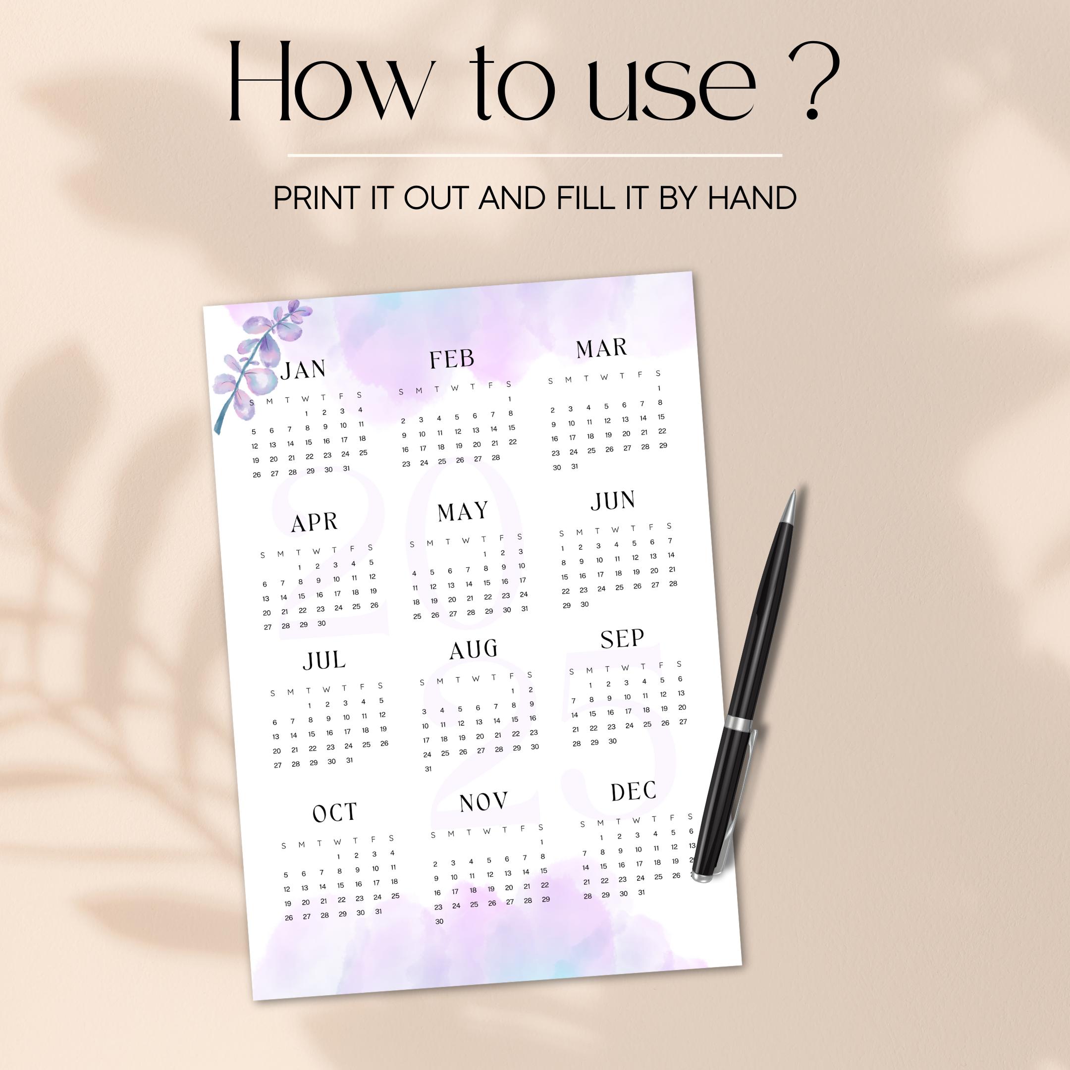 2025 Annual Printable Calendar - Year at a Glance Pastel Watercolor ...