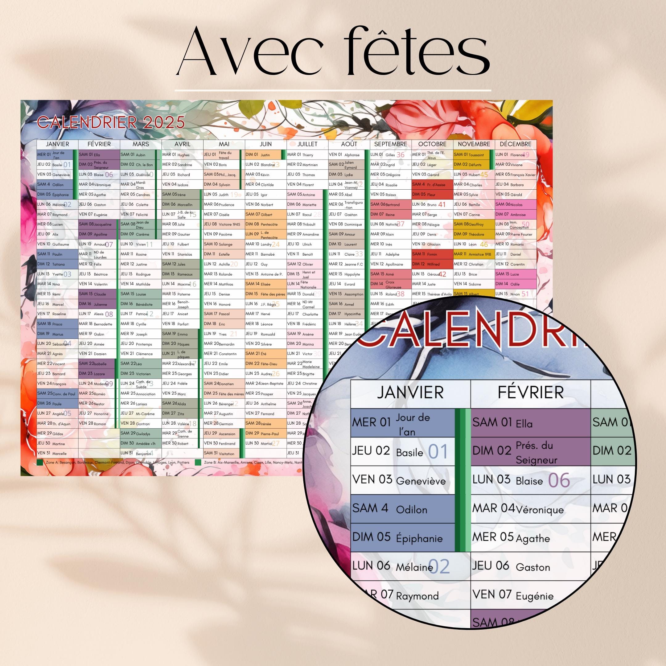 Calendrier Annuel 2025 avec ou sans Fêtes et Vacances | Fichiers PDF ...