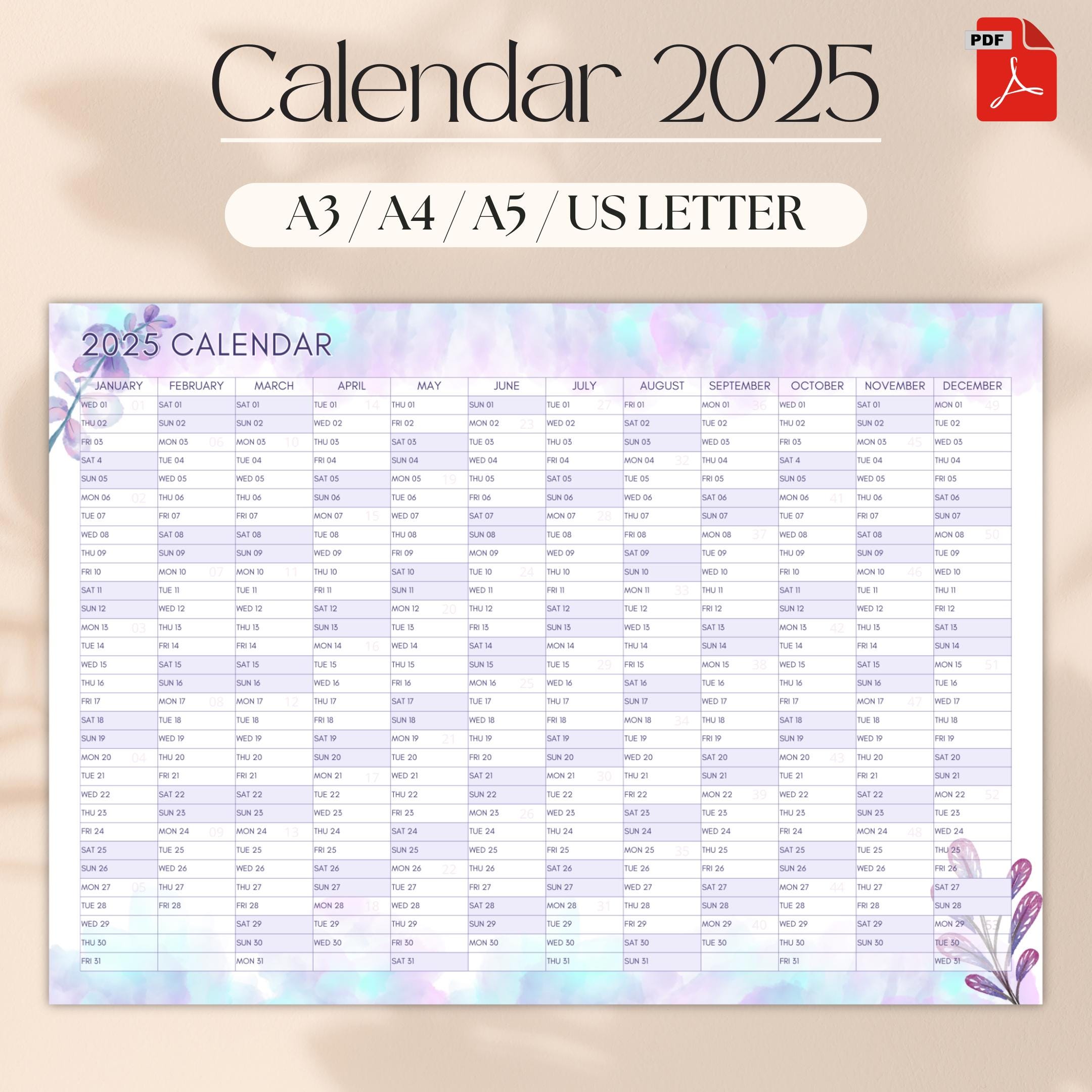 2025 Calendar - Printable PDF - A3/ A4/ A5/ US LETTER Sizes - Etsy UK
