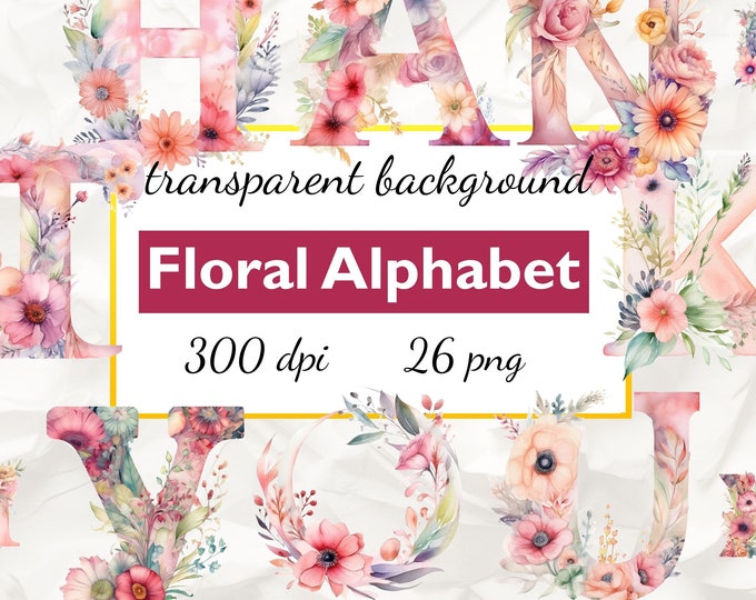 Boho Floral Alphabet, Boho Alphabet PNG Floral Watercolor Alphabet ...