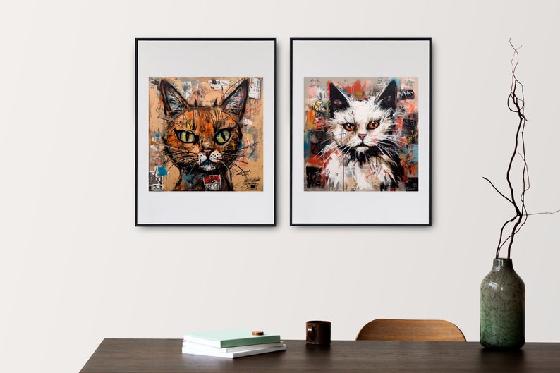 Cat Art, Set of 6 Art, Cat Illustration, Black Cat Art, Digital ...
