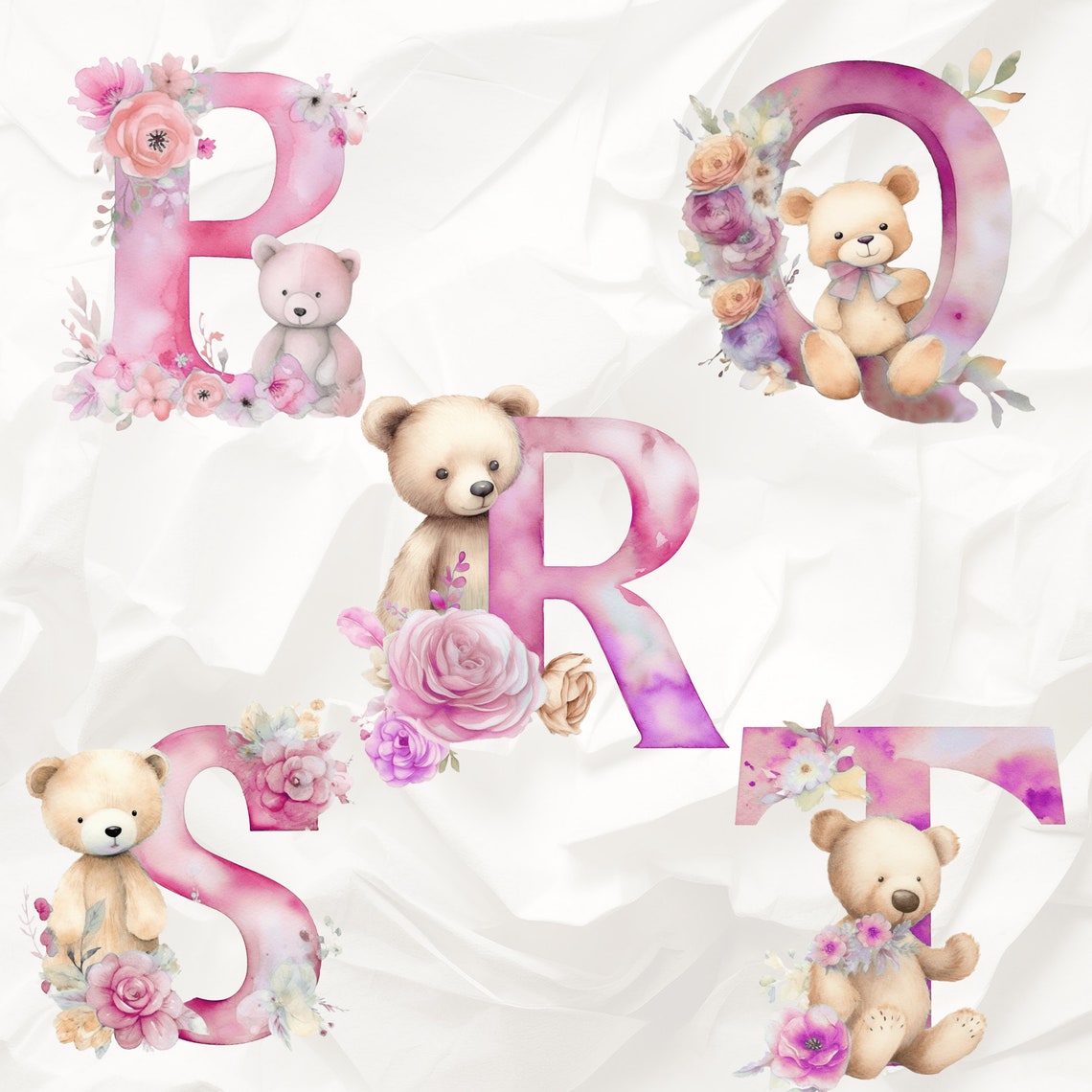 Watercolor Cute Teddy Bear Alphabet, Pastel Floral Alphabet Png, Pink ...