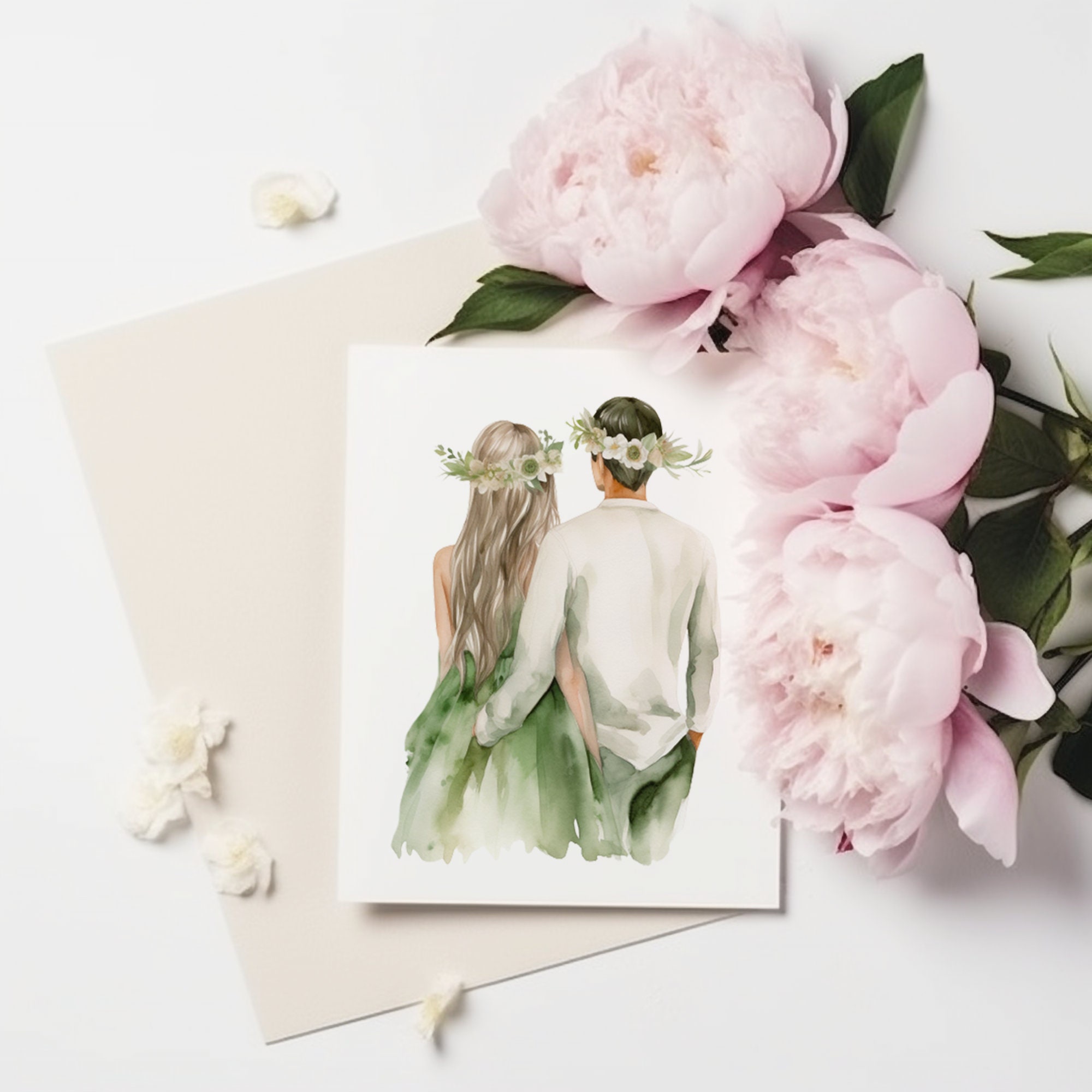 Watercolor Green Wedding Day Clipart, Green Boho Wedding, Just Married ...