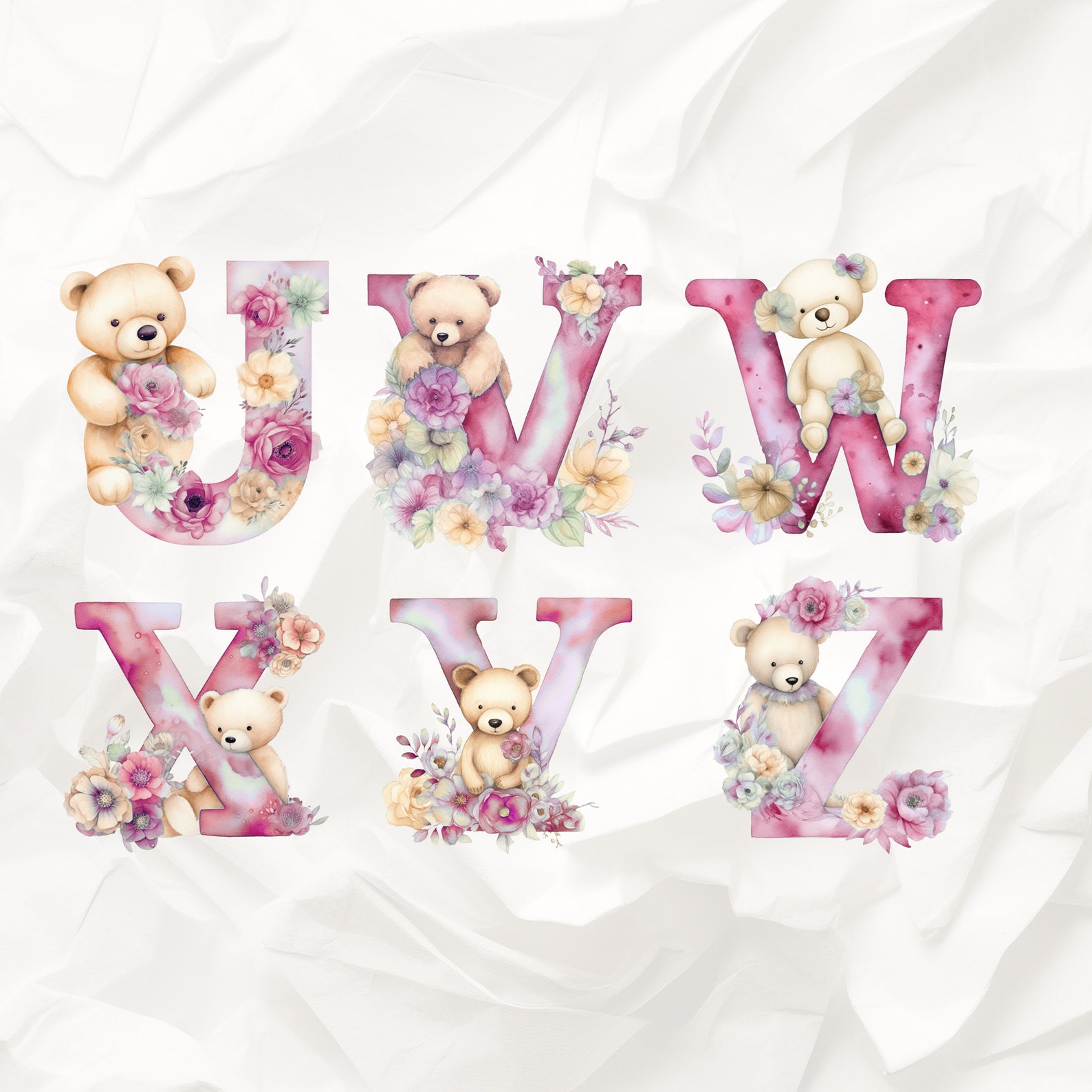 Watercolor Cute Teddy Bear Alphabet, Pastel Floral Alphabet Png, Pink ...