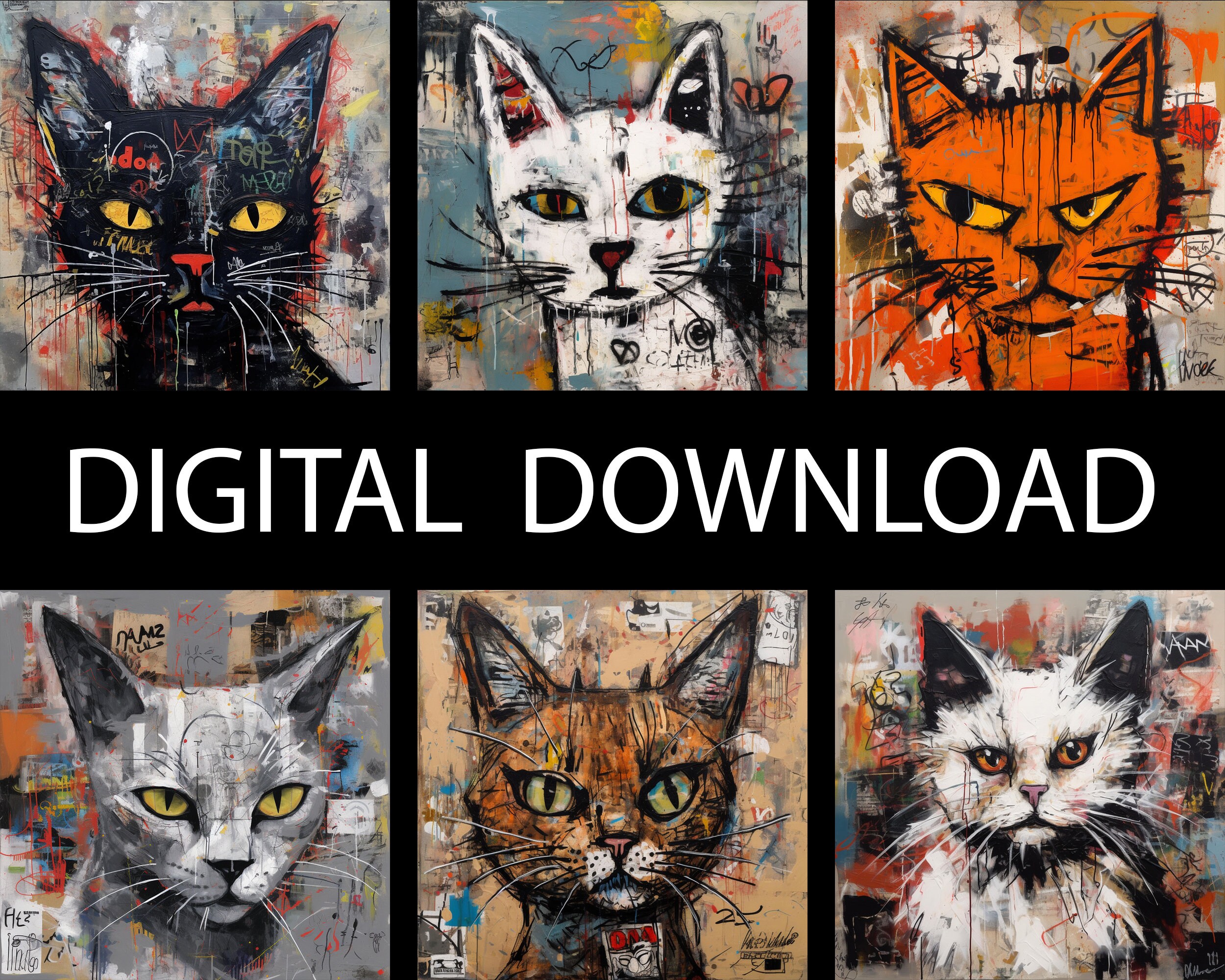 Cat Art, Set of 6 Art, Cat Illustration, Black Cat Art, Digital ...