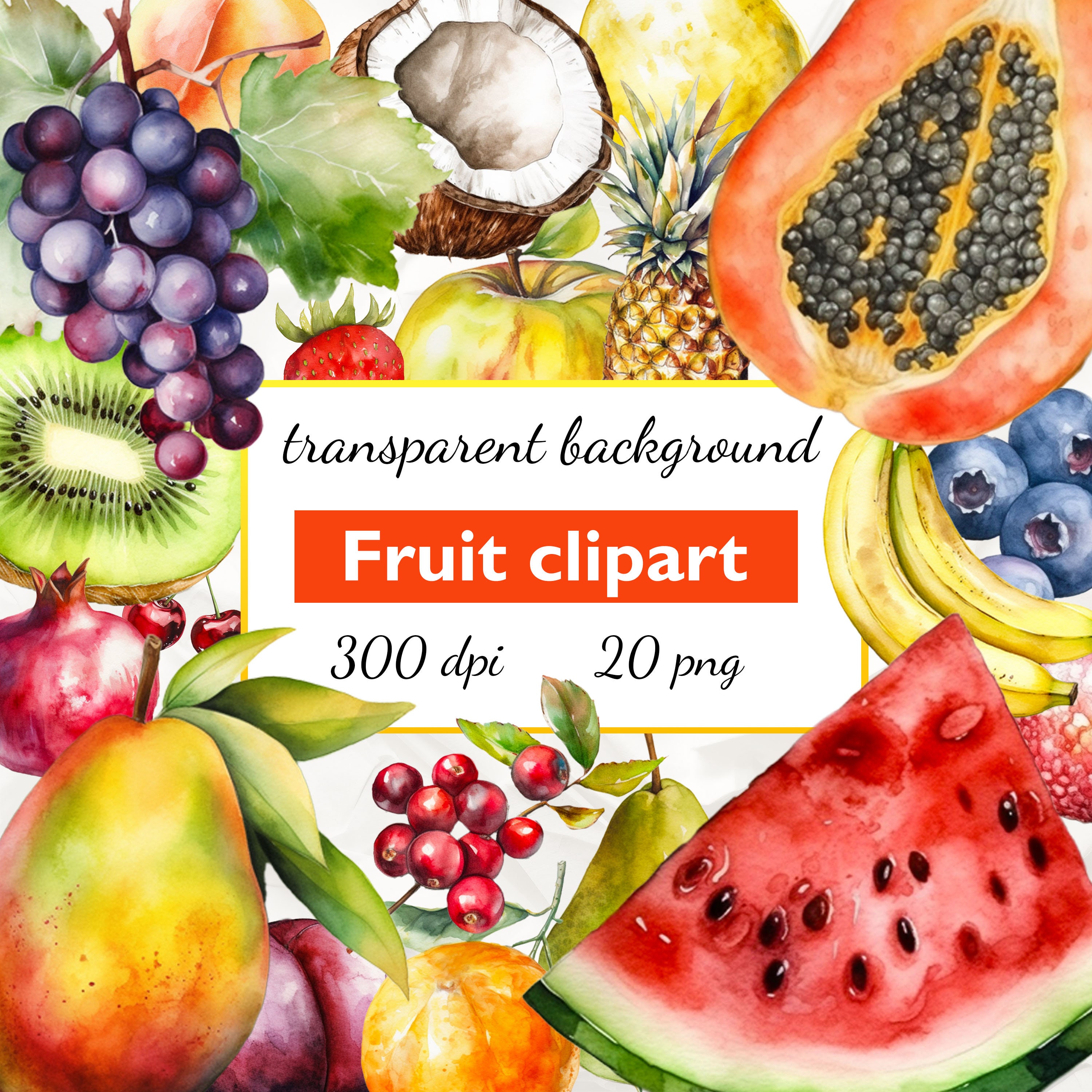 Watercolor Fruits Clipart, Fruits PNG, Commercial Use, Instant Download ...