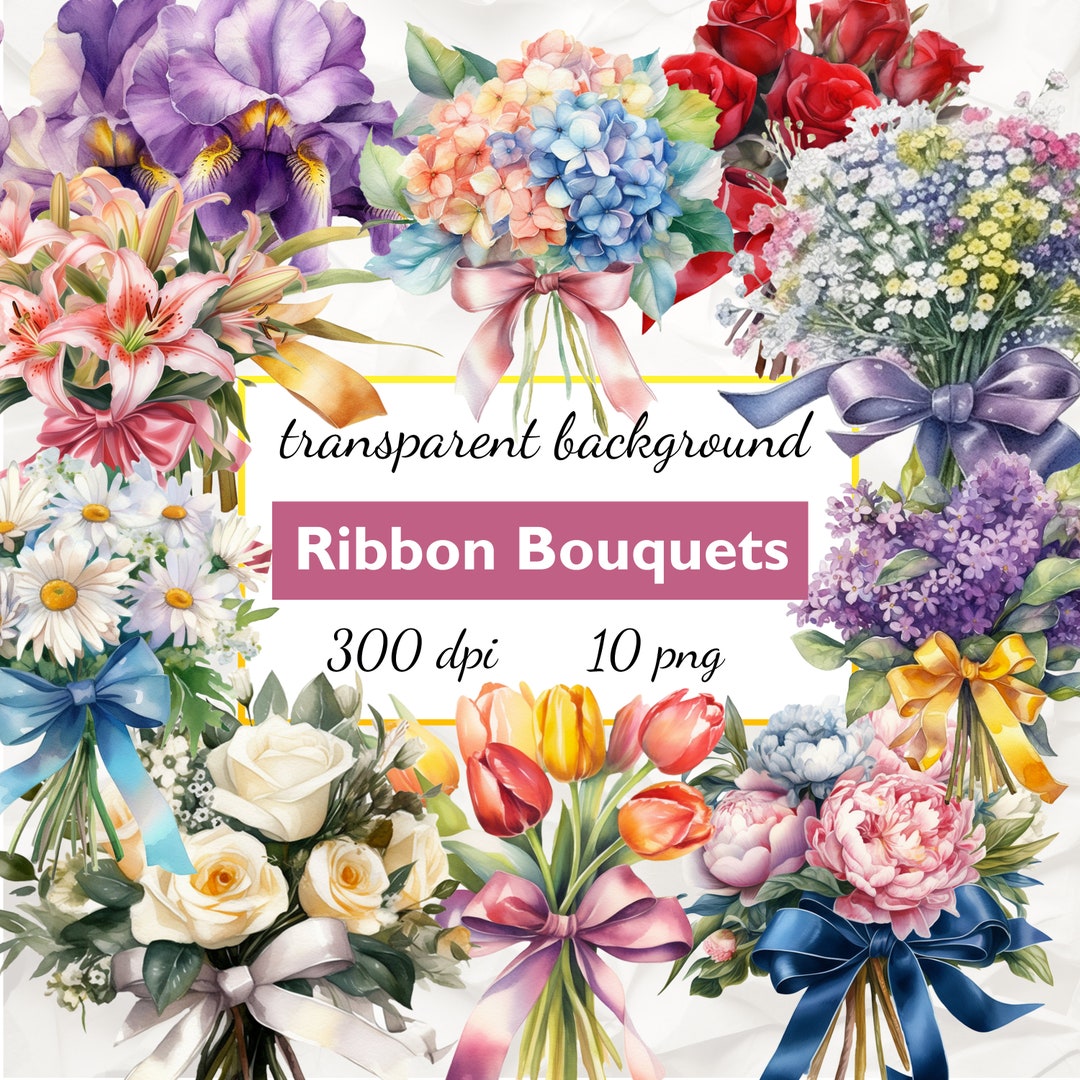 Watercolor Bouquet With Ribbon, Flower Bouquets Clipart, Floral Clipart ...