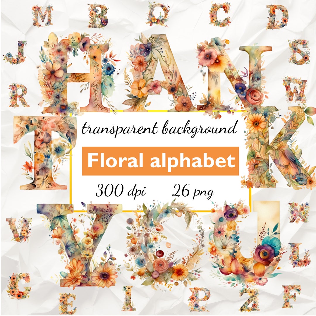 Colorful Floral Alphabet Png, Alphabet Watercolor Png, 26 Floral ...