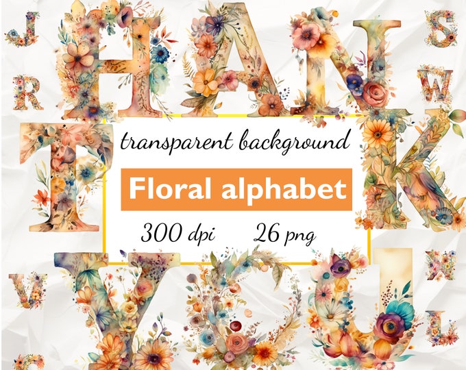 Boho Floral Alphabet, Boho Alphabet PNG Floral Watercolor Alphabet ...