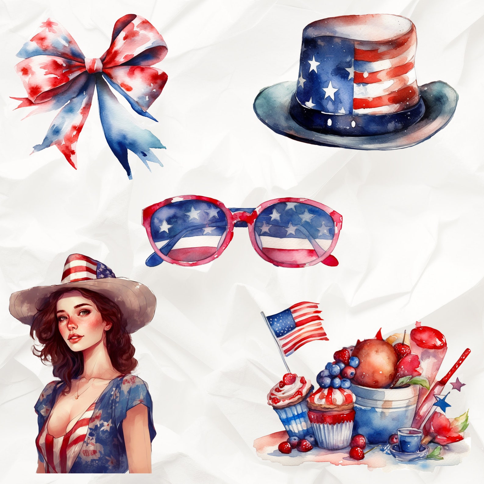 4th of July Watercolor Clipart Bundle, Independence Day Clipart ...