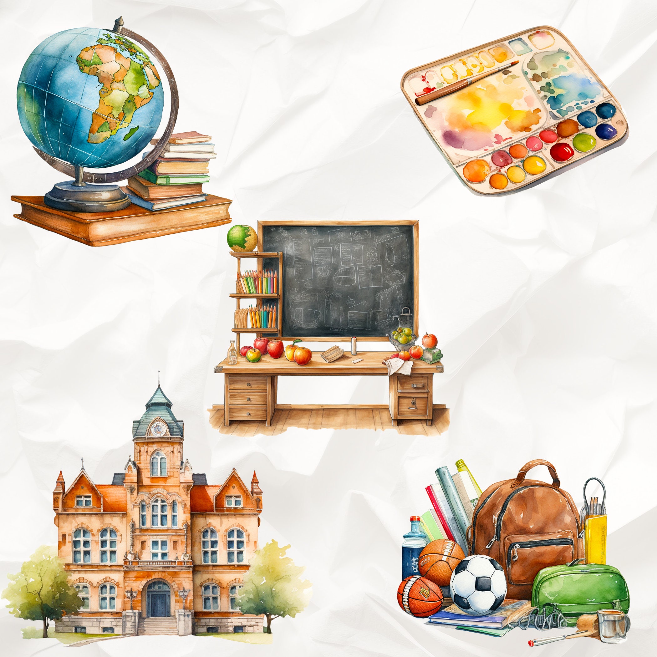 Watercolor School Clipart Back to School Clipart School 20 - Etsy