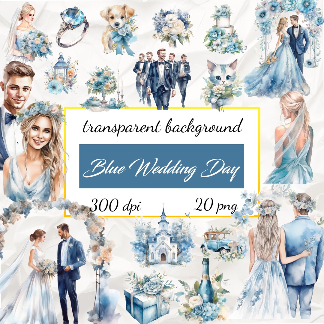 Watercolor Blue Wedding Day Clipart, Blue Wedding Bundle, Watercolor ...