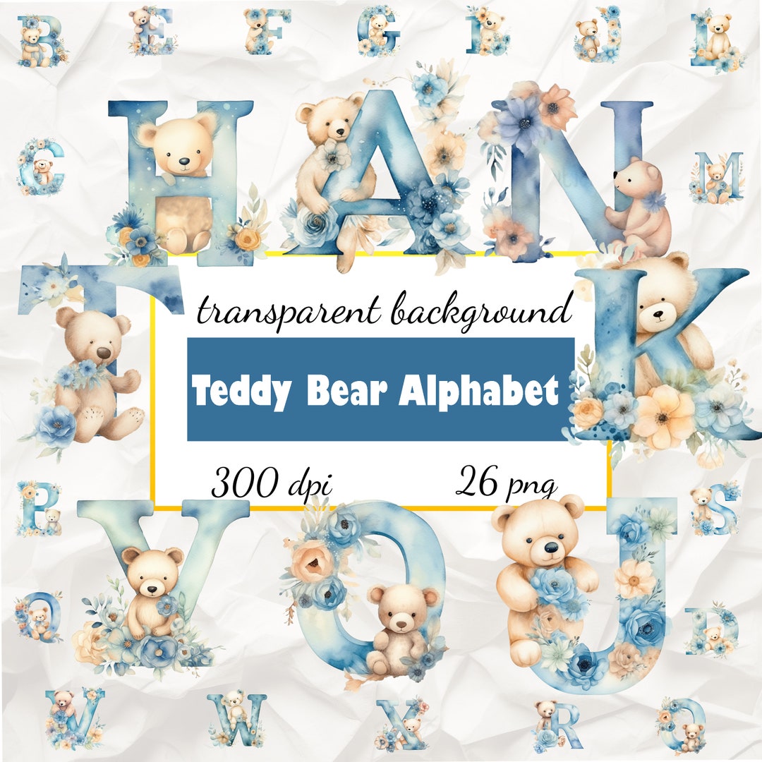 Watercolor Cute Teddy Bear Alphabet, Pastel Floral Alphabet Png, Blue ...