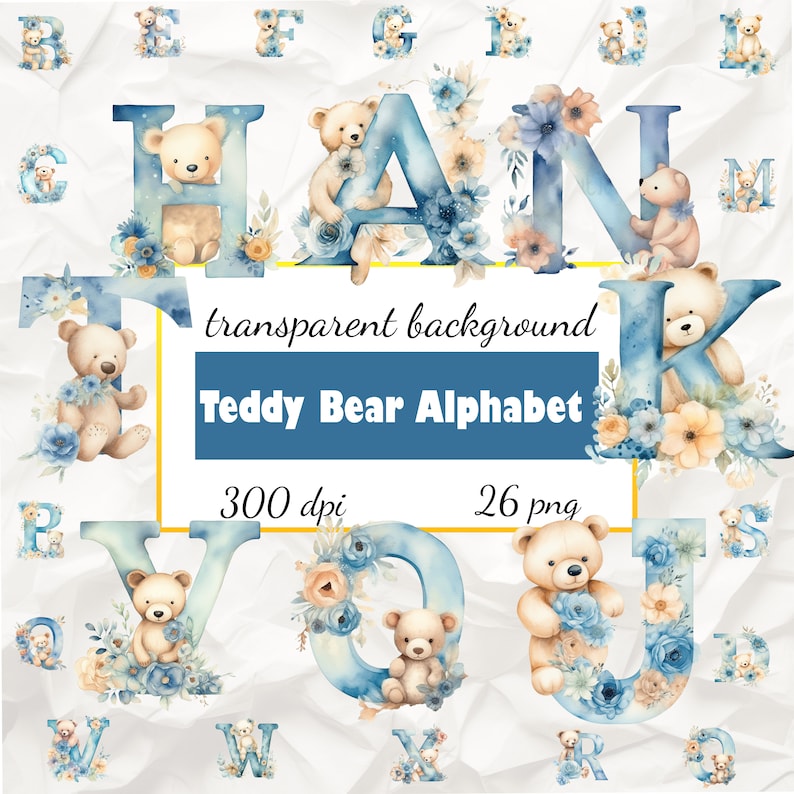 Watercolor Cute Teddy Bear Alphabet, Pastel Floral Alphabet Png, Blue ...