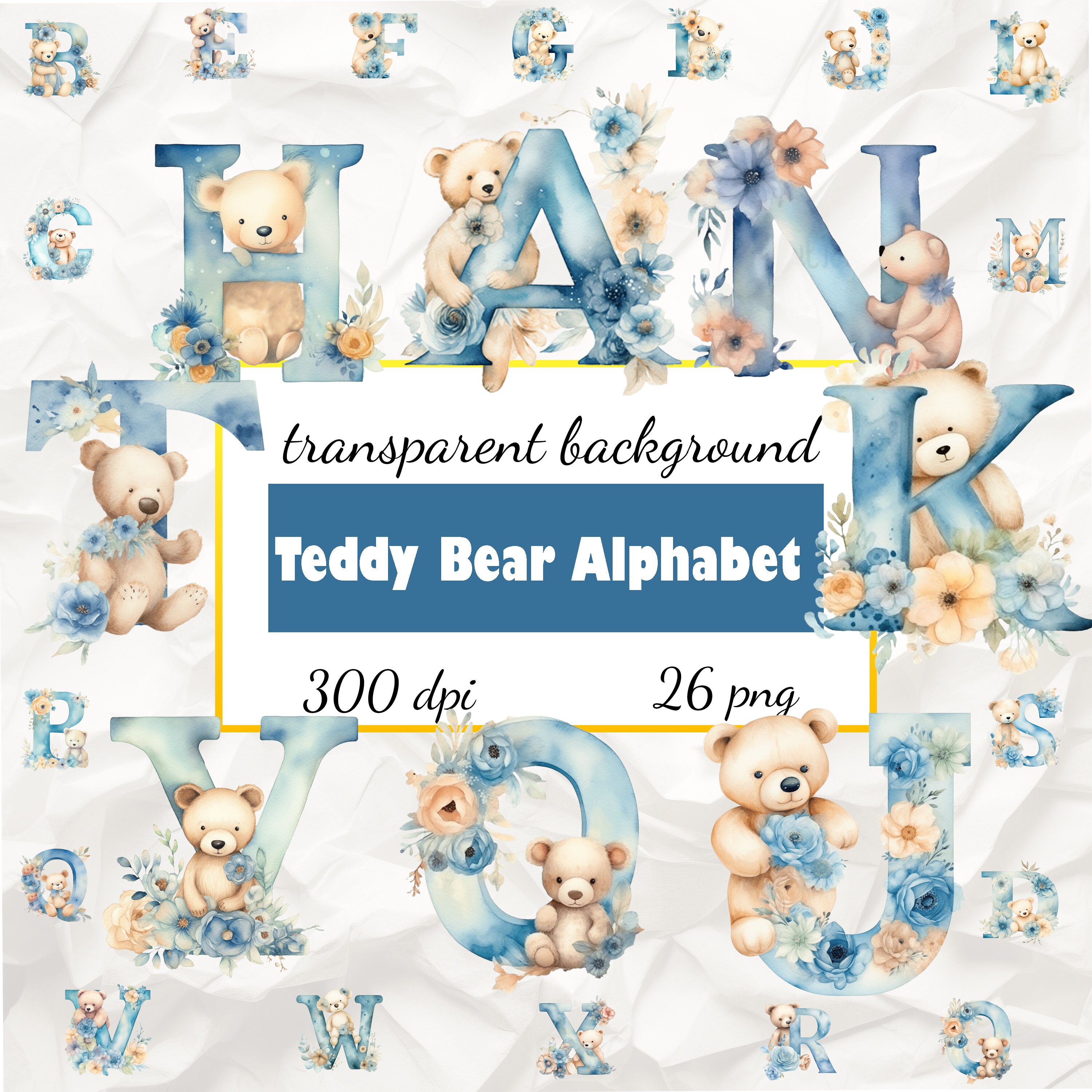 Watercolor Cute Teddy Bear Alphabet, Pastel Floral Alphabet Png, Blue ...
