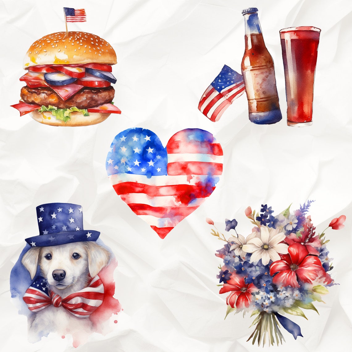 4th of July Watercolor Clipart Bundle, Independence Day Clipart ...