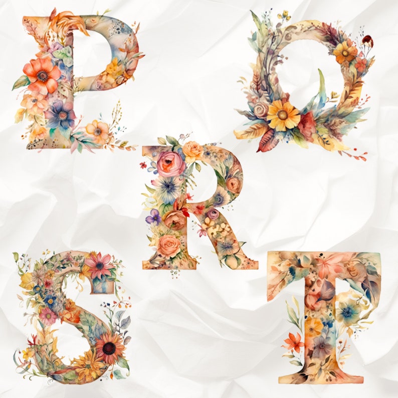 Colorful Floral Alphabet Png, Alphabet Watercolor Png, 26 Floral ...