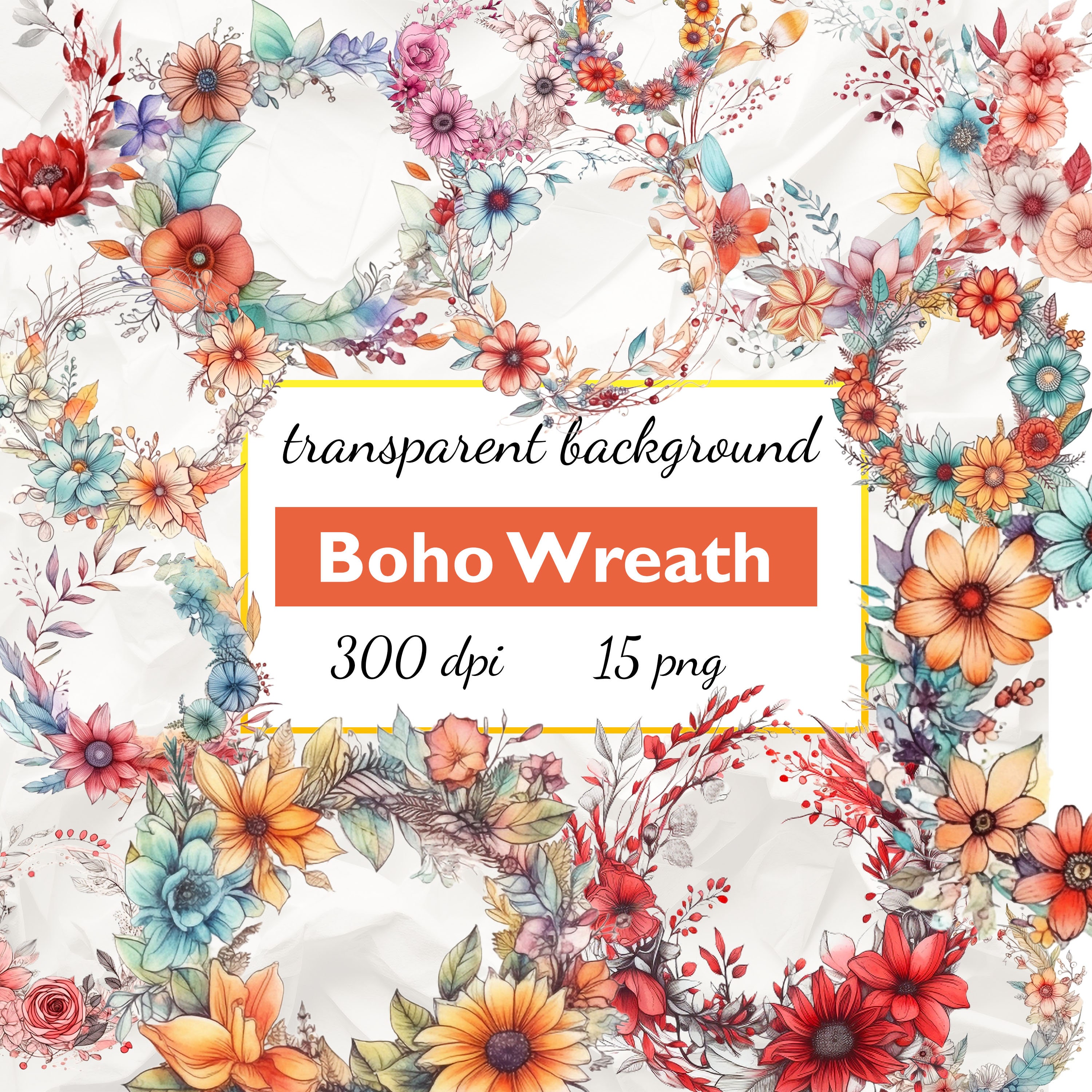 Watercolor Boho Wreath Clipart Boho Floral Clipart Boho - Etsy