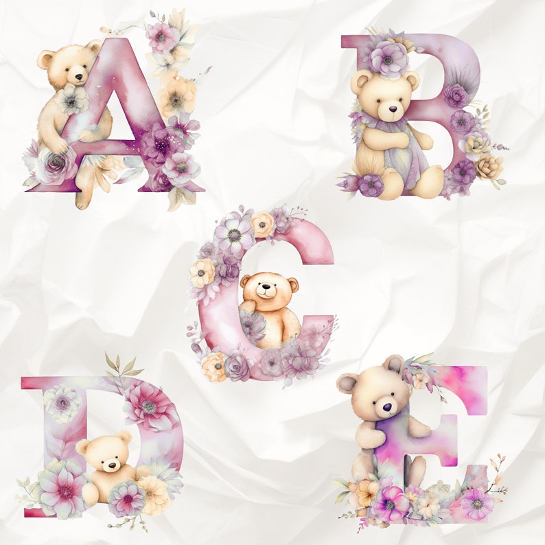 Watercolor Cute Teddy Bear Alphabet, Pastel Floral Alphabet Png, Pink ...