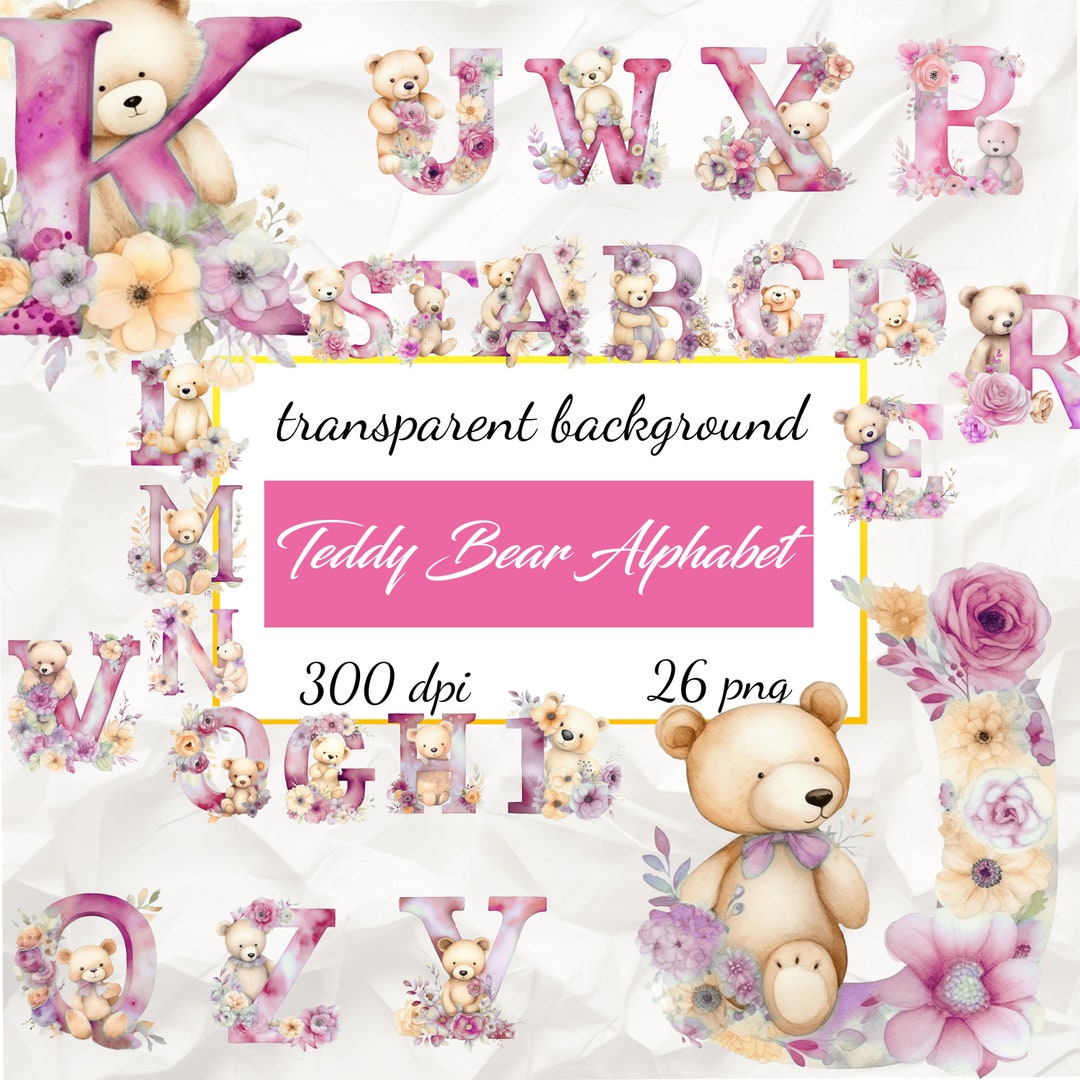 Watercolor Cute Teddy Bear Alphabet, Pastel Floral Alphabet Png, Pink ...