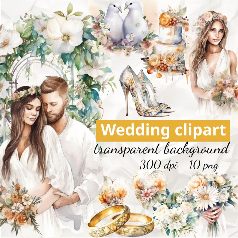 Watercolor Wedding Clipart Bride Clip Art Wedding Elements - Etsy