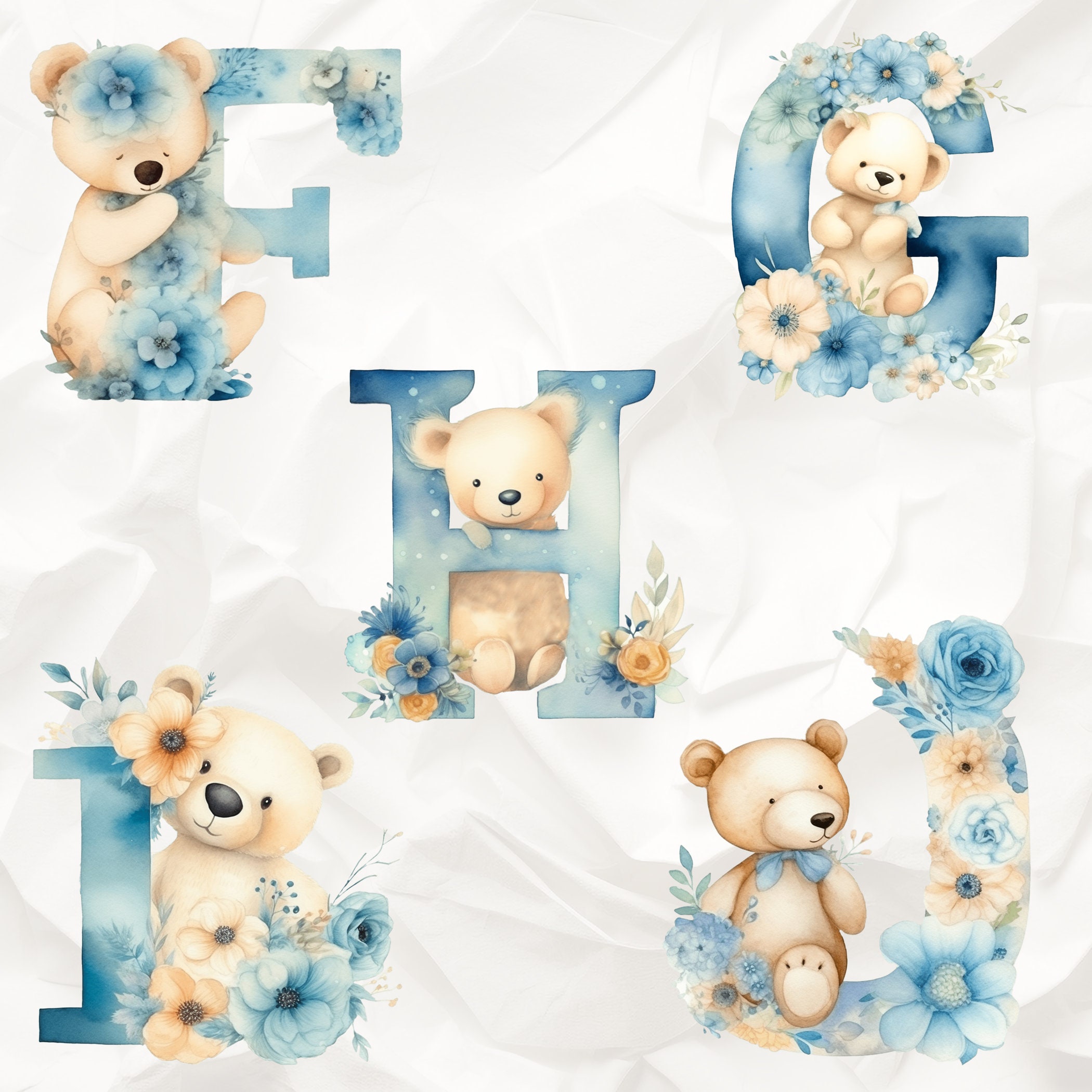 Watercolor Cute Teddy Bear Alphabet, Pastel Floral Alphabet Png, Blue ...