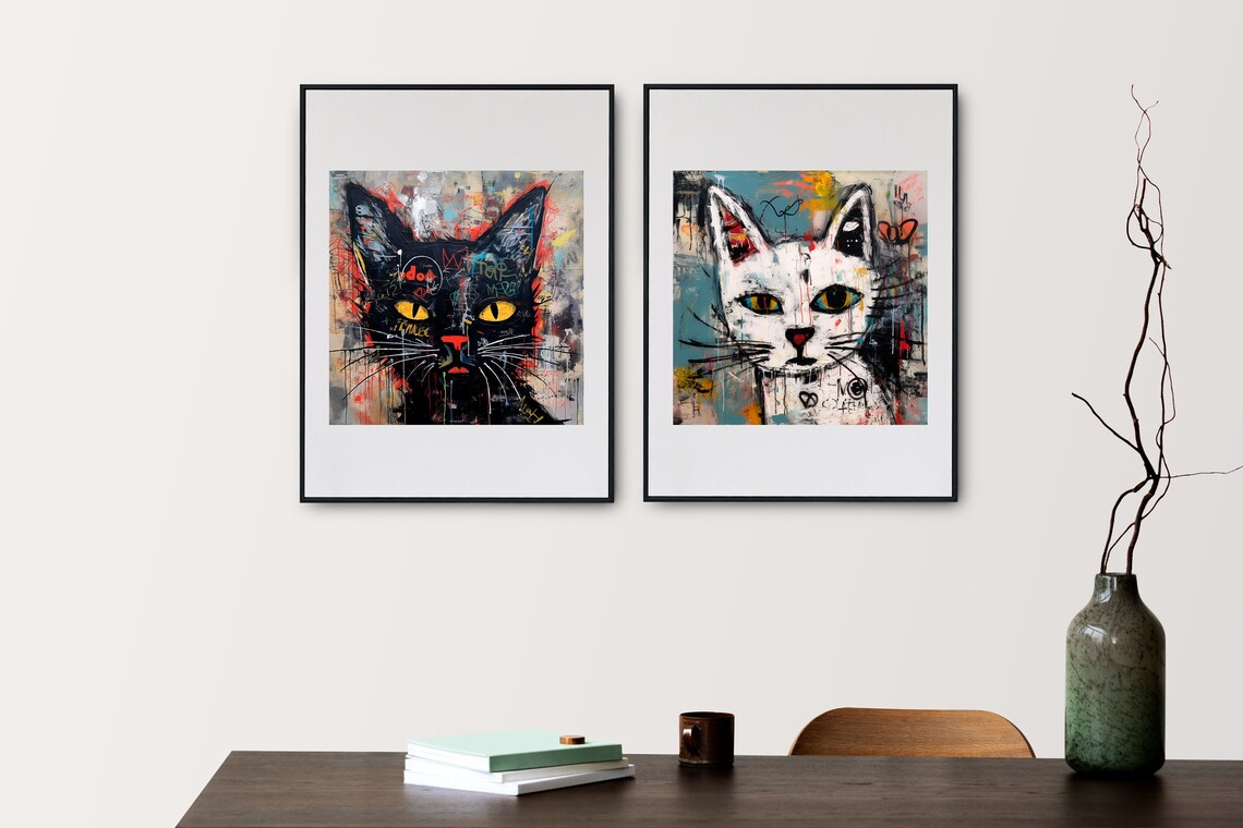 Cat Art, Set of 6 Art, Cat Illustration, Black Cat Art, Digital ...