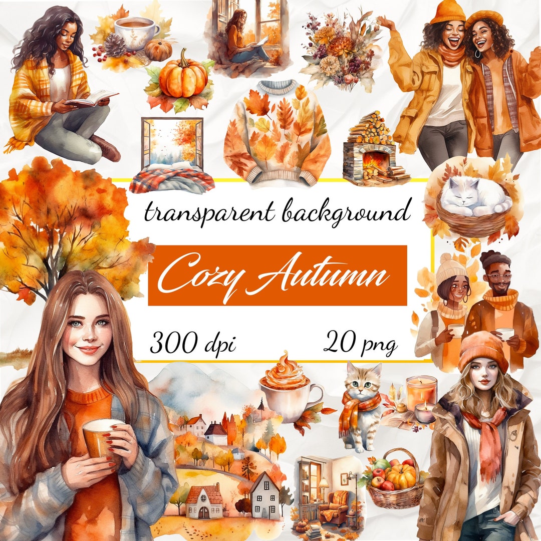 Watercolor Cozy Autumn Clipart, Cozy Fall Bundle, Autumn PNG Graphics ...