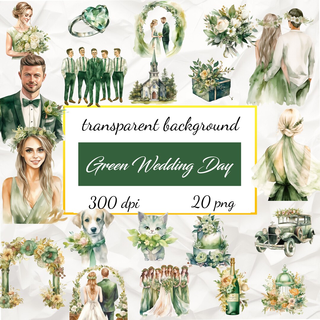 Watercolor Green Wedding Day Clipart, Green Boho Wedding, Just Married ...