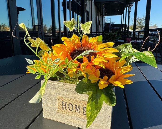 Rustic Sunflower Wooden Box 7 Tabletop Farmhouse Floral Centerpiece ...