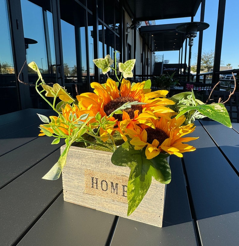 Rustic Sunflower Wooden Box 7 Tabletop Farmhouse Floral Centerpiece With Artificial Sunflowers ...